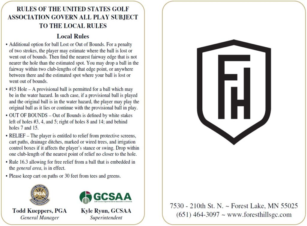Scorecard – Forest Hills Golf Club – Forest Lake, MN